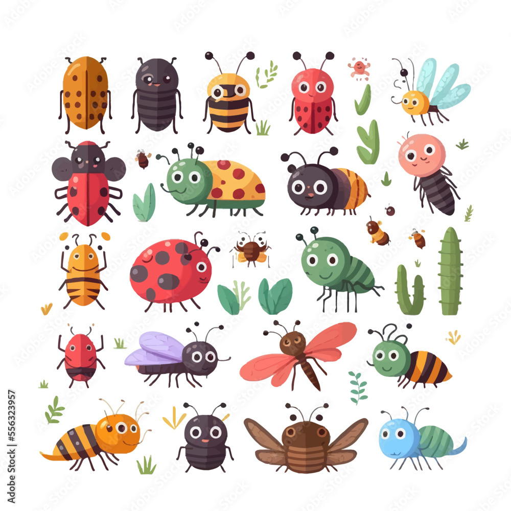 Cute cartoon insect characters set. Isolated on background. Cartoon ...