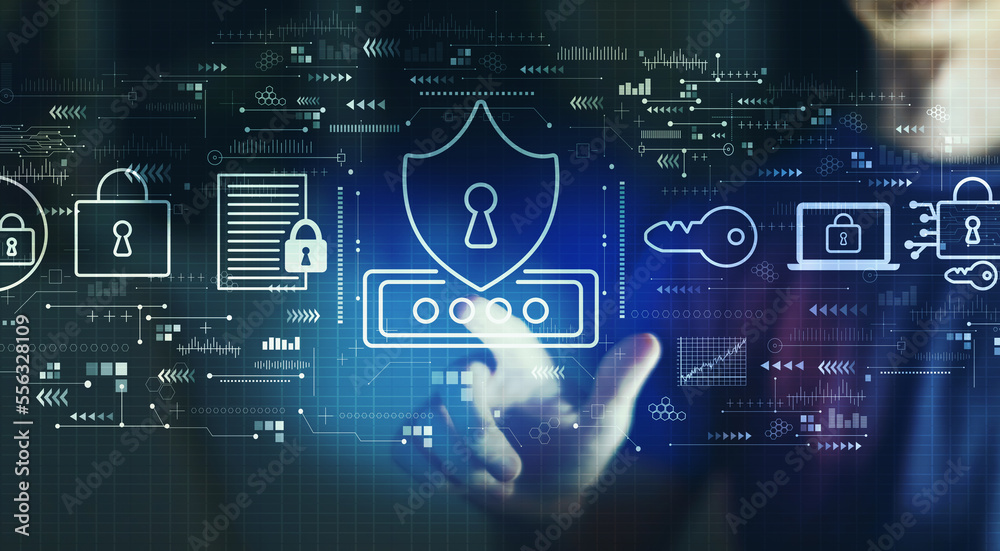 Cyber security theme with young man touching a digital screen at night ...