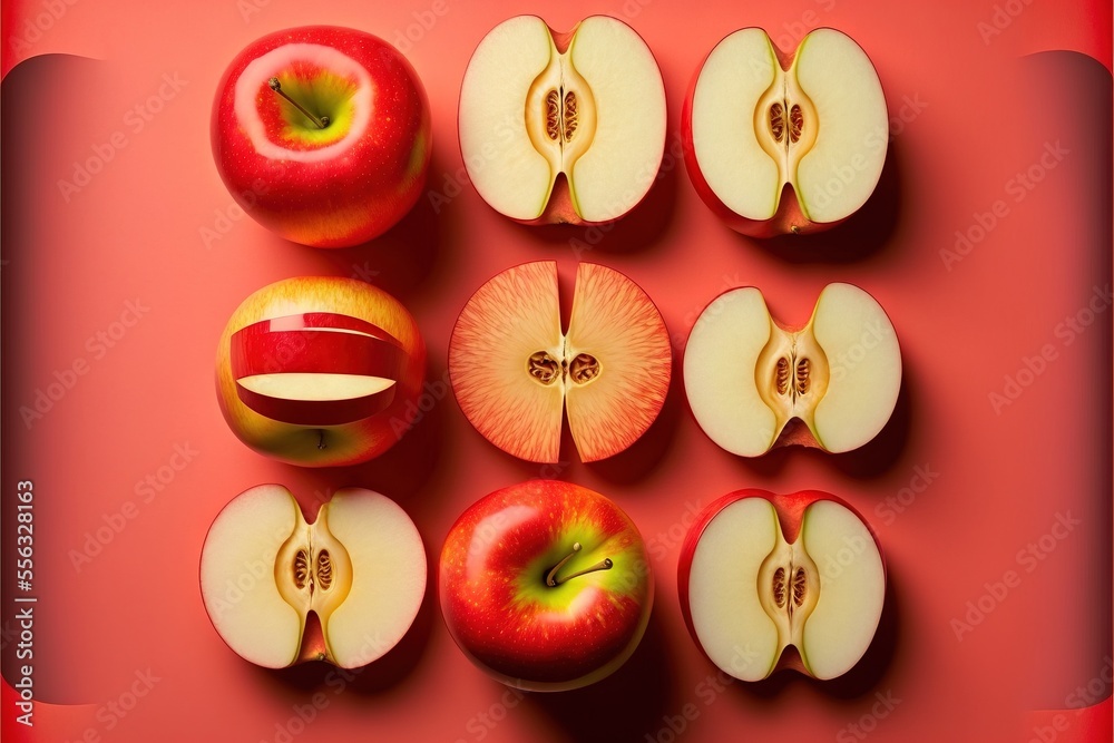 a group of apples cut in half on a red surface with a red background ...