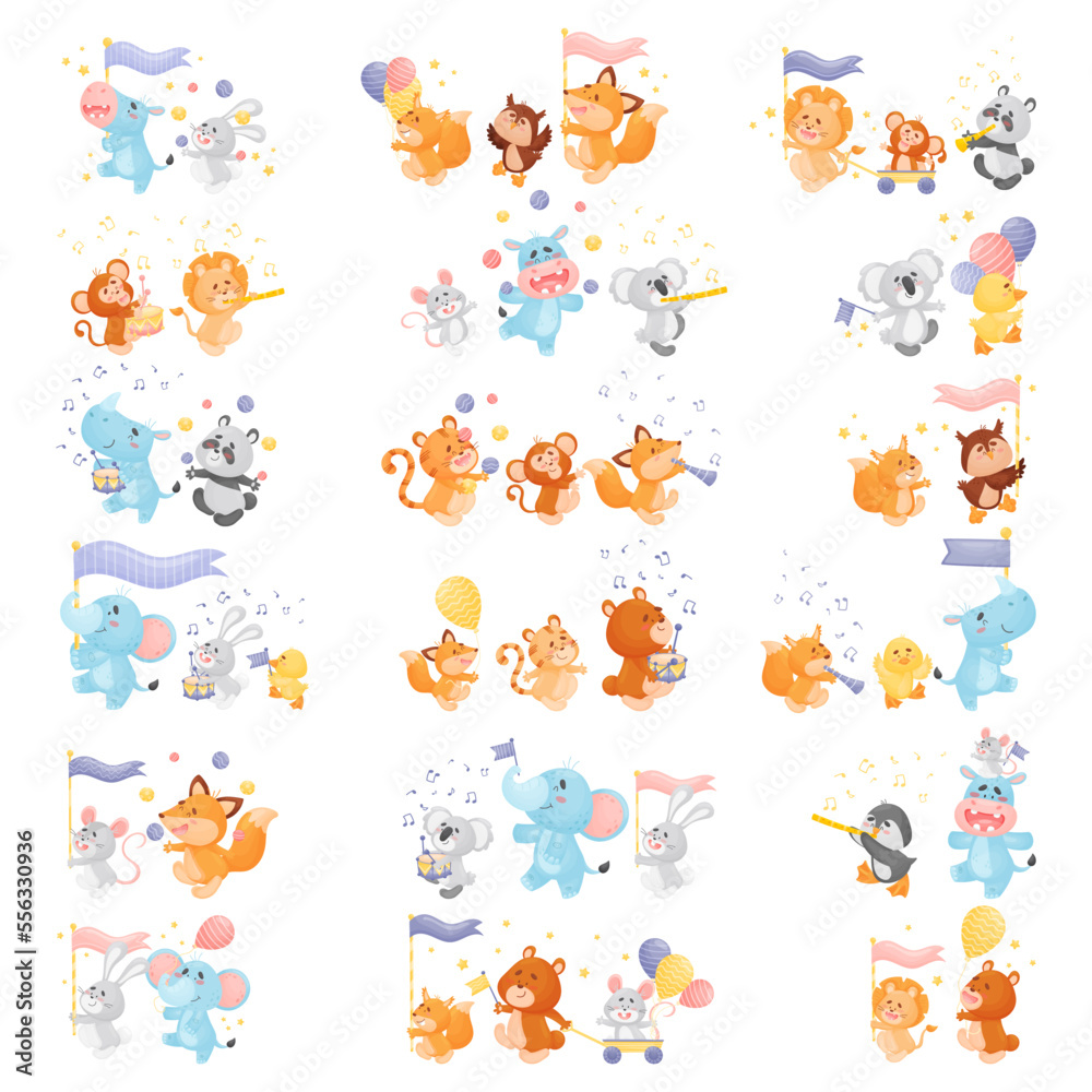 Cute animals marching and playing musical instruments set. Funny baby ...