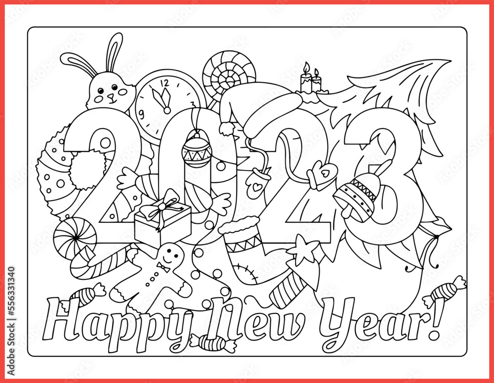2023 Coloring Page vector illustration. Happy new year coloring page ...
