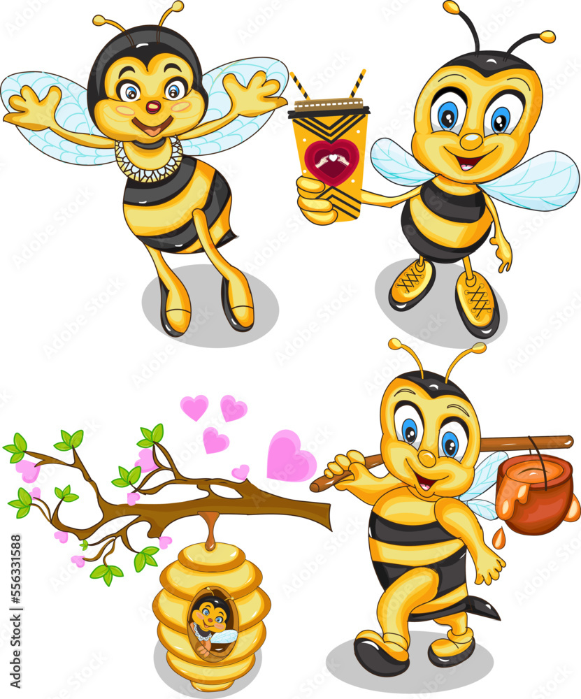 Cartoon cute bee character series with different type of poses, holding ...
