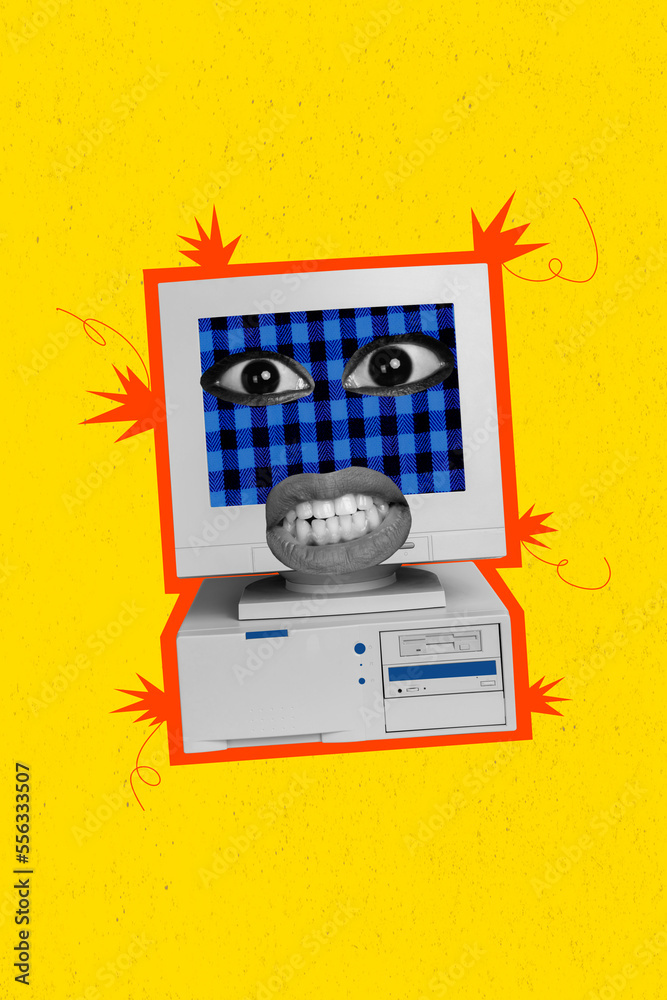 Vertical collage picture of vintage computer screen display eyes angry ...