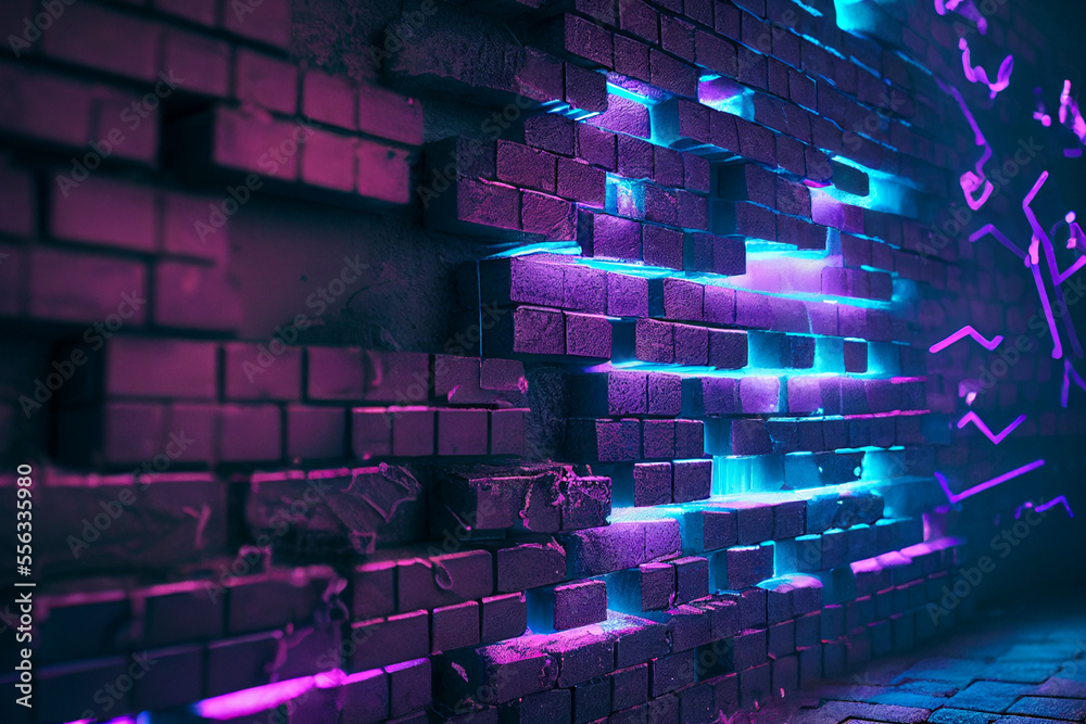 Modern futuristic neon lights on cyber brick wall room background 3d ...