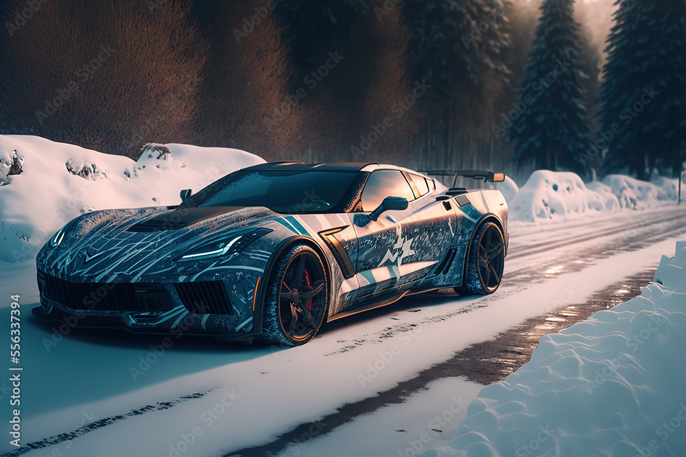 A luxurious car on the background of a snowy street, with Christmas ...