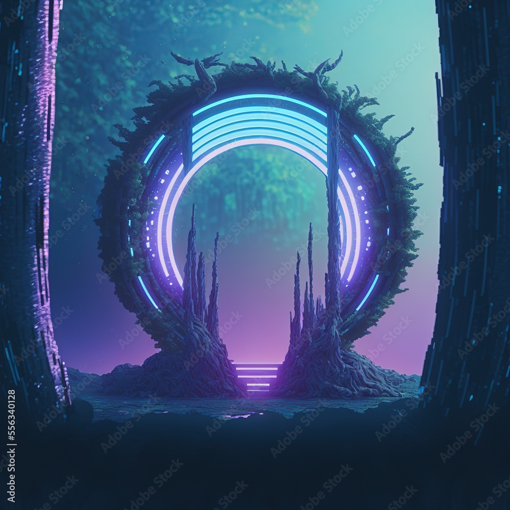 Amazing mystic portal with neon light against night sky AI Stock ...