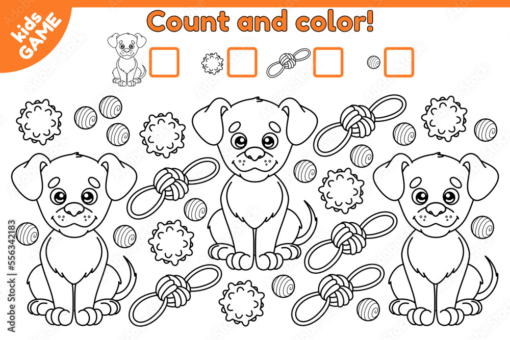 Educational counting math game for kids. Calculate how many dogs and ...