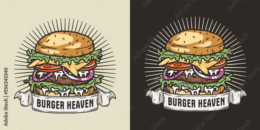 Burger with meat, cheese and vegetable for logo or emblem. American ...