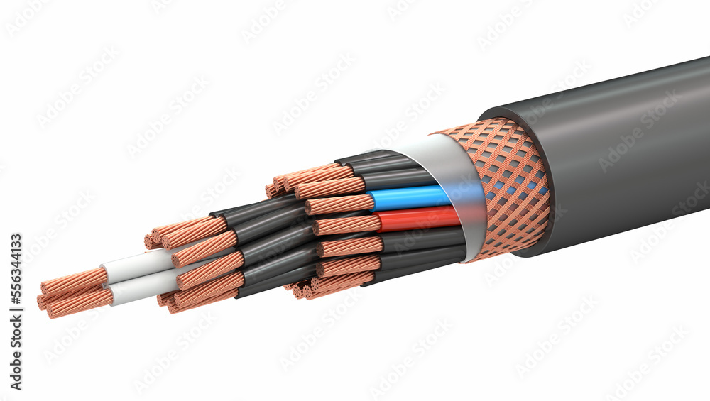 Bare electric cable isolated on white background. The structure of a ...