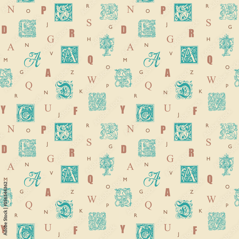 Vector seamless pattern with capital letters and hand drawn initial ...