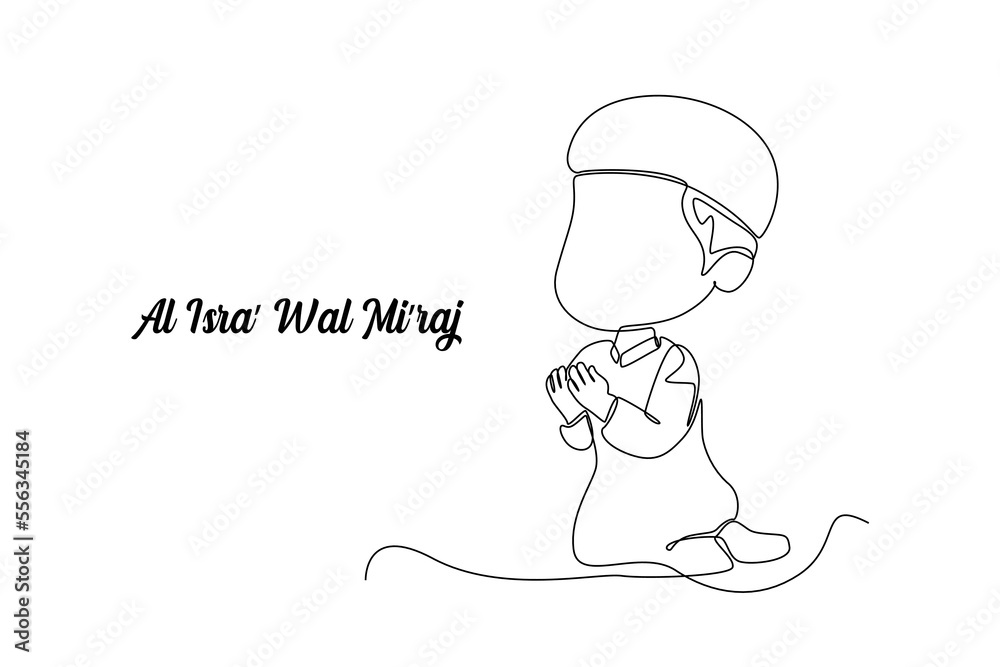 Continuous one line drawing back view boy muslim praying with hands ...