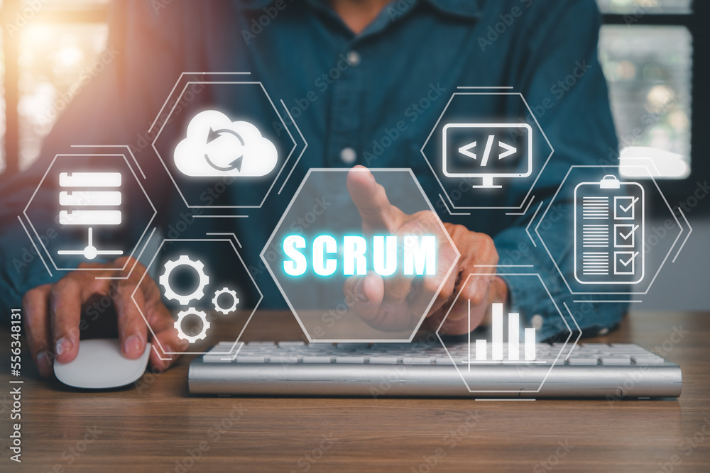 Foto de SCRUM, Man hand using laptop computer with SCRUM icon on VR ... Foto de SCRUM, Man hand using laptop computer with SCRUM icon on VR ...