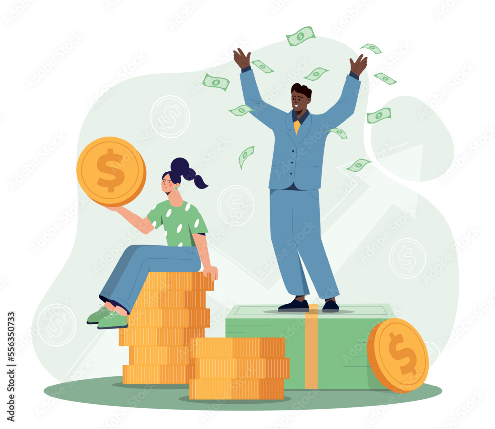 Income growth concept. Man and woman with banknotes and gold coins ...