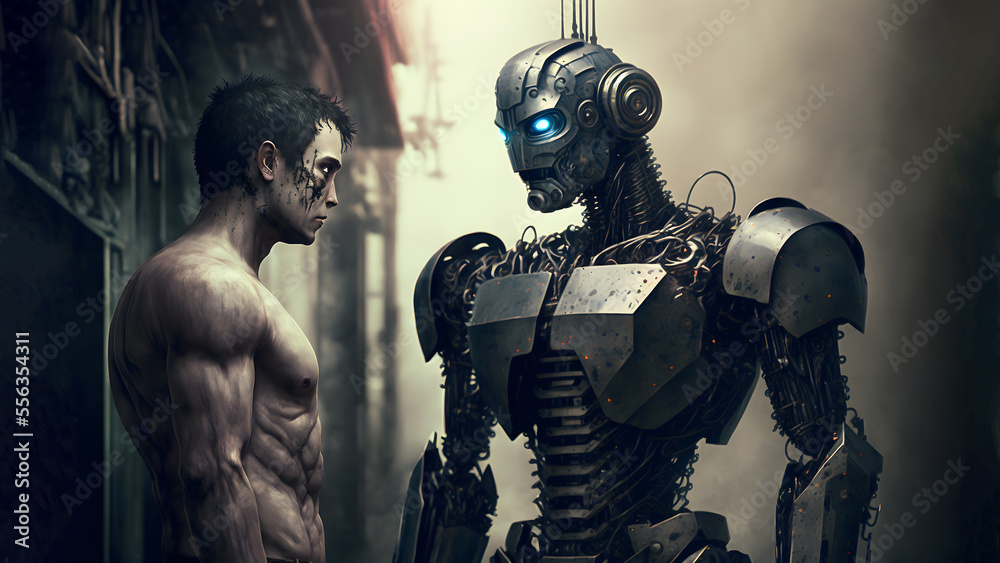 man versus robot, neural network generated art Stock Illustration ...