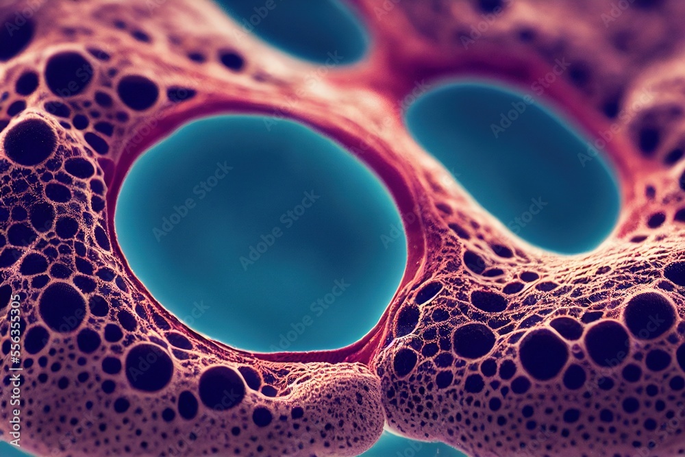 ภาพประกอบสต็อก red and blue cloured microscopic illustration of a cell ...