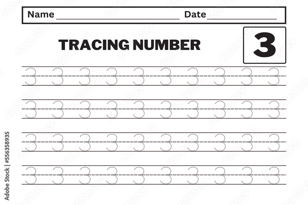 Number 3 tracing practice worksheet with all numbers for kids learning ...
