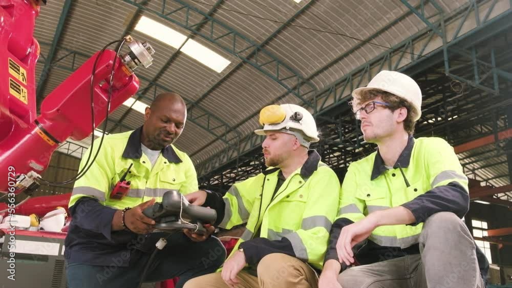 Male production engineers team discuss, test, and controls robotic arm ...