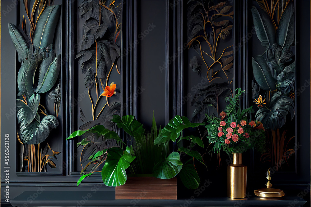 Dark background wall with classic wainscoting and exotic tropical ...