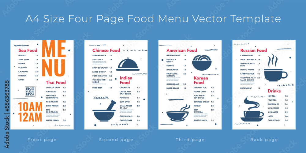 Restaurant cafe menu, template design, A4 size, Four page food menu ...