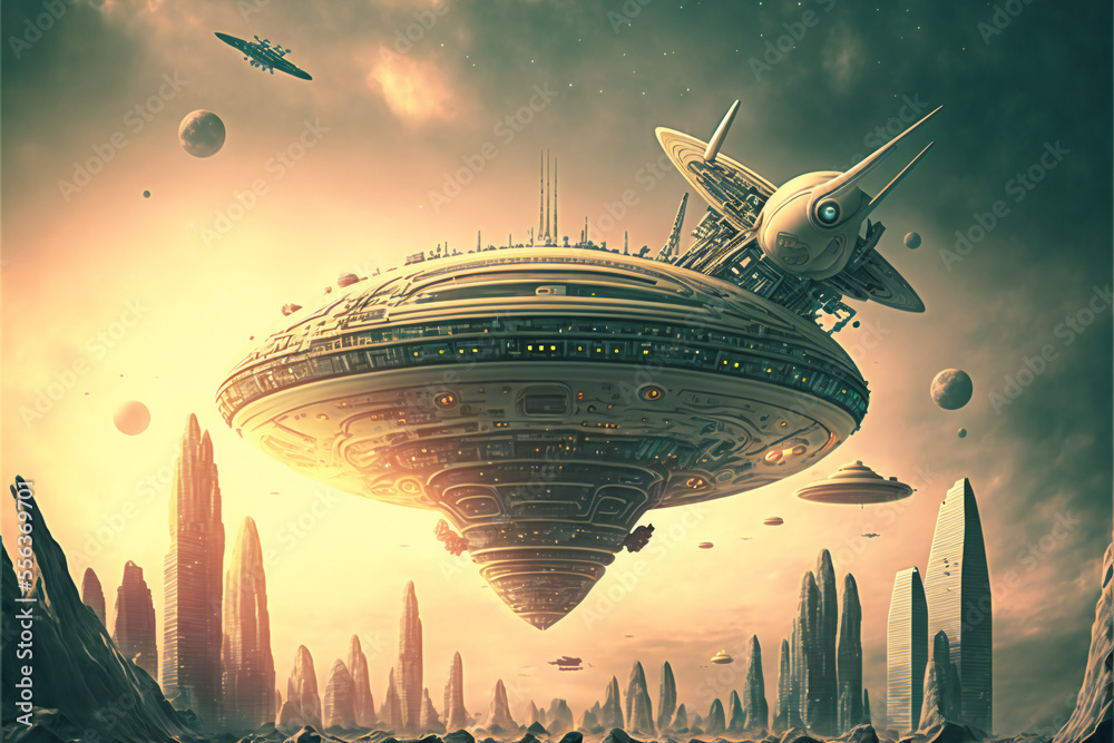 Spaceship aliens colonial, digital illustration painting artwork Stock ...
