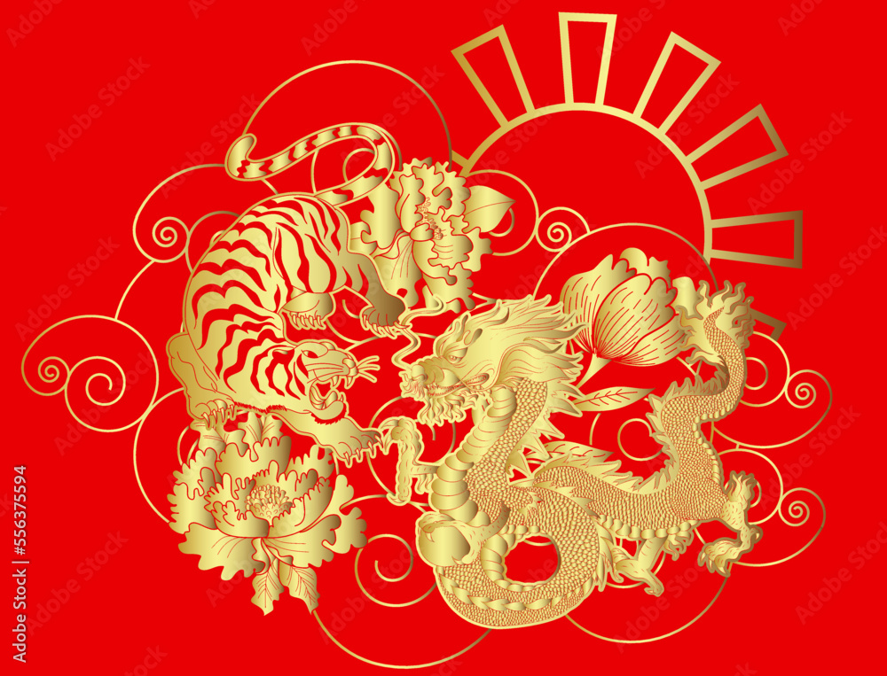 Dragon fighting with tiger tattoo.Dragon and tiger on cloud and red ...