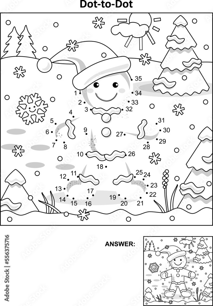 Gingerbread man dot-to-dot picture puzzle and coloring page. Answer ...