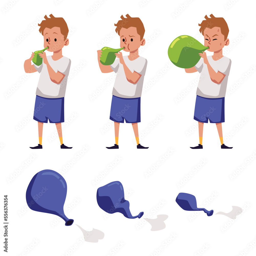 Boy inflates a balloon, blowing hard into air balloon, flat vector ...
