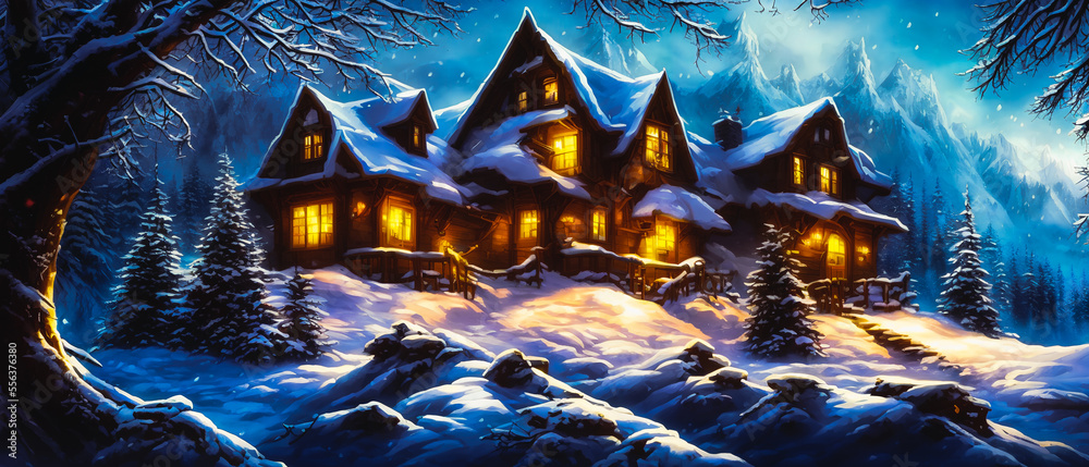 Painting of a beautiful winter house, background illustration ...
