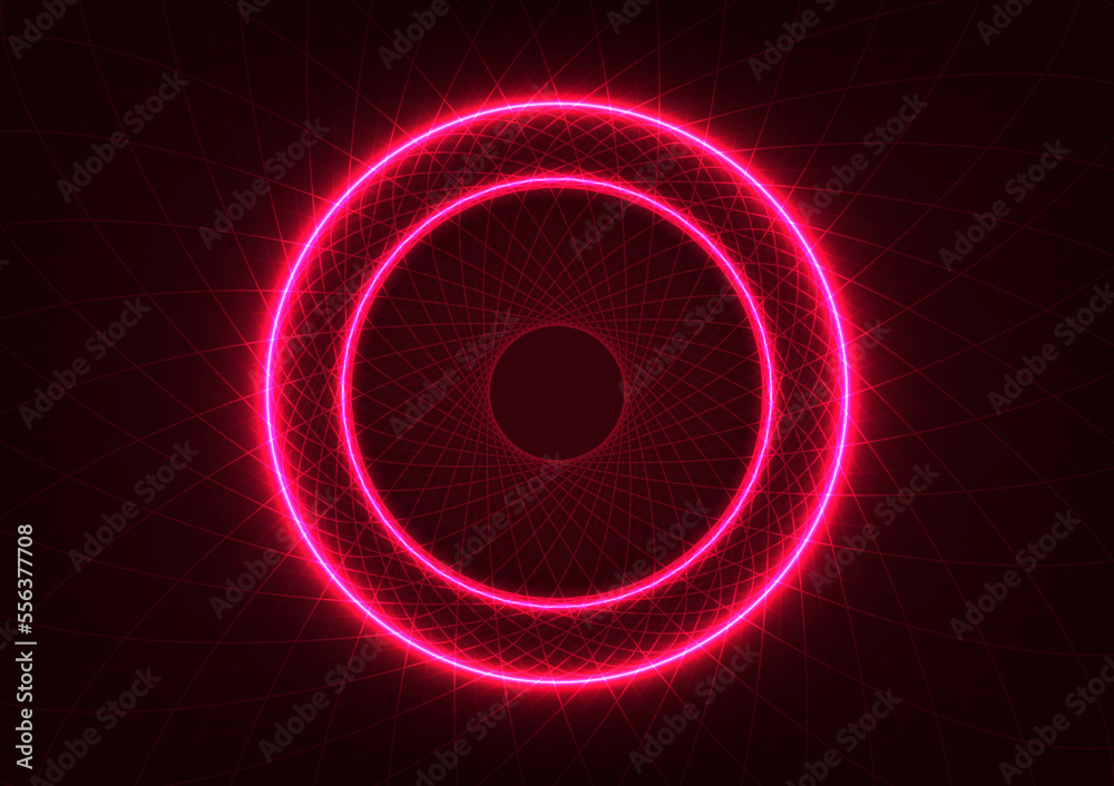 Neon circle light line on red web spider digital technology background ...