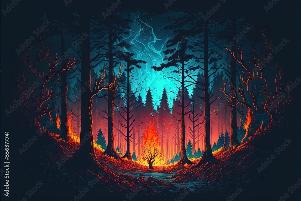 An intensive and extensive Forest Fire, with burning trees and land ...