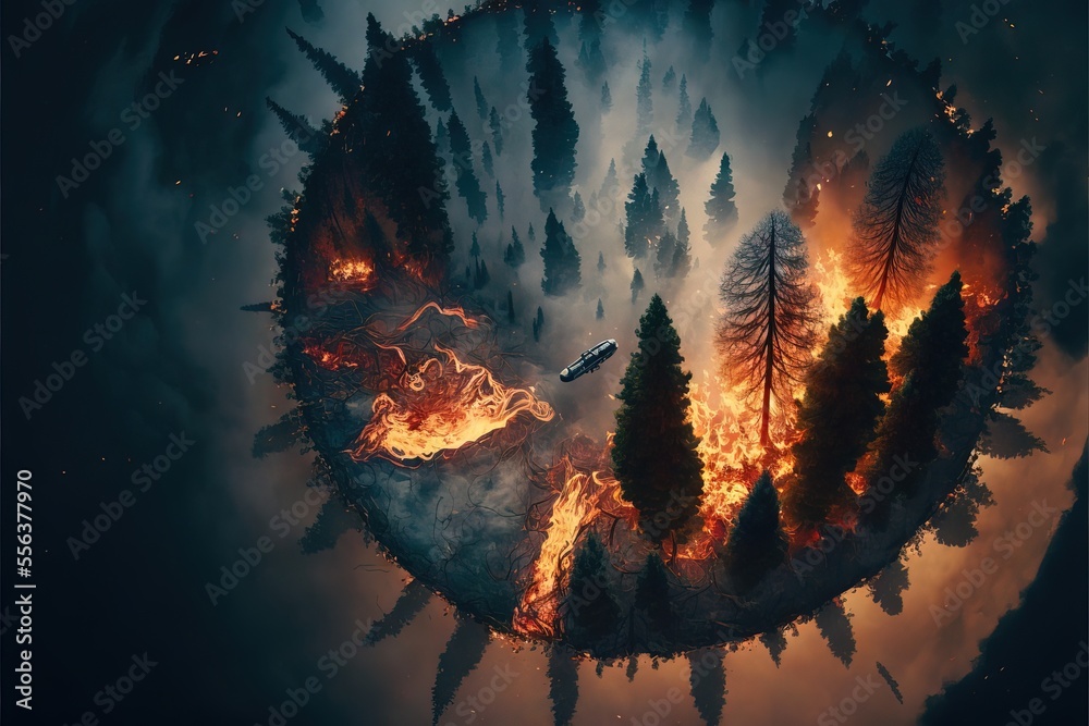 An intensive and extensive Forest Fire, with burning trees and land ...
