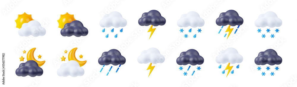 Set of 3D weather forecast icons on white background. Illustration of ...