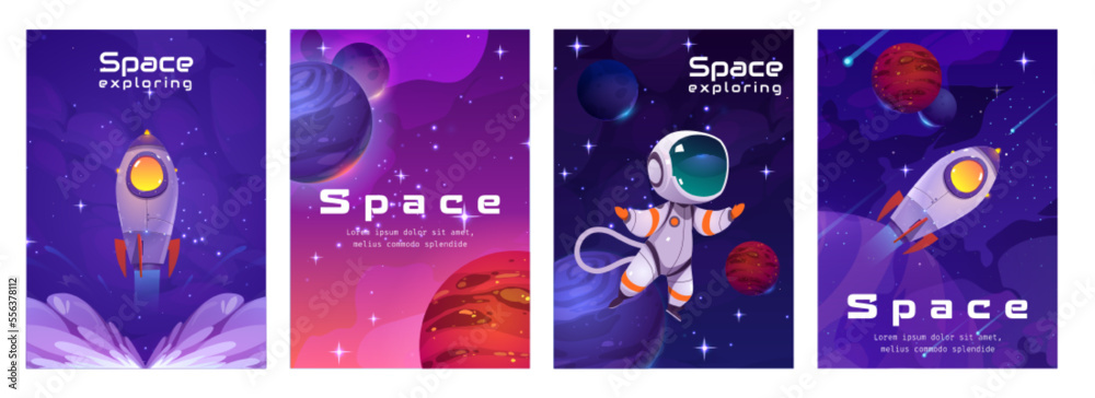 Space posters with astronaut, rocket and planets on background of ...
