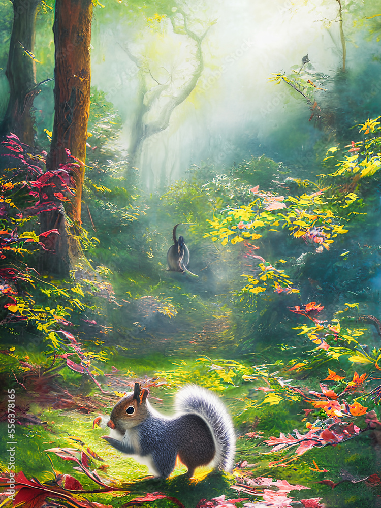 Squirrel in a lush, green forest setting. The small, agile animal is ...
