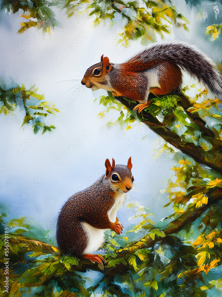 Squirrel in a lush, green forest setting. The small, agile animal is ...