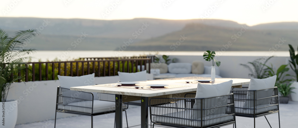 Beautiful and luxury outdoor terrace dining space with beautiful ...