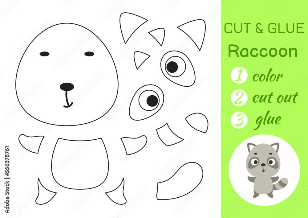 Color, cut and glue paper little raccoon. Cut and paste crafts activity ...
