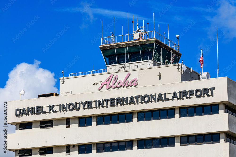 Daniel K. Inouye International Airport sign on building tower facade of ...