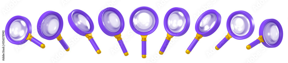 3D illustration set of purple magnifying glass front and angle view ...