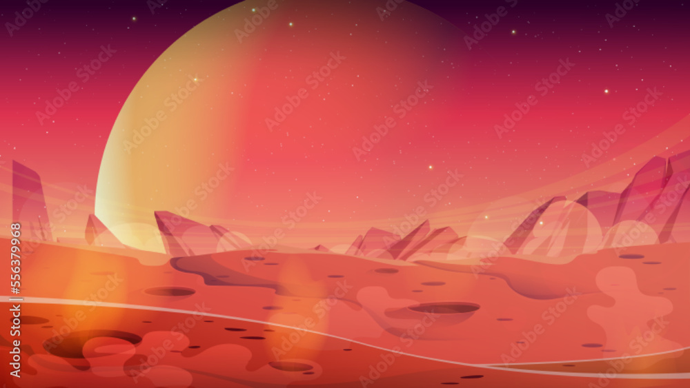 Mars landscape with craters and red rocky surface. Cartoon vector ...