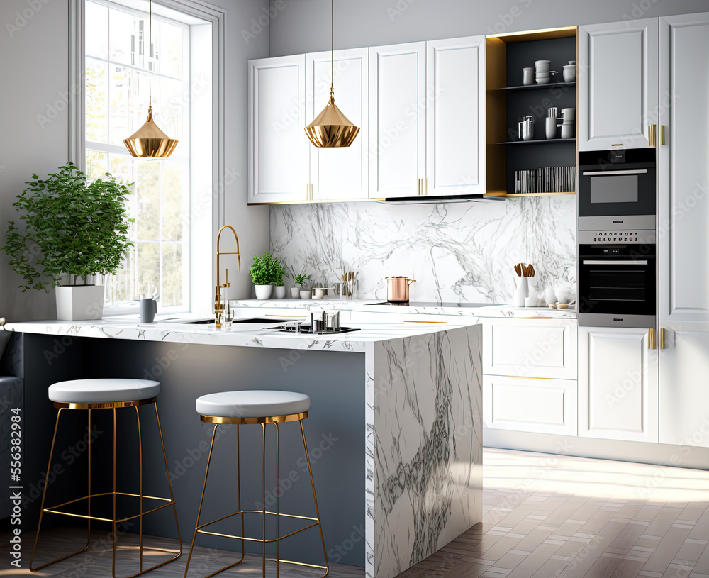 Luxury kitchen interior with new stylish furniture, white marble ...