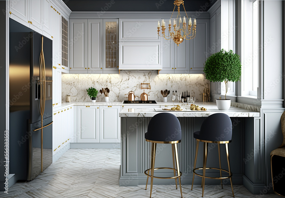 Luxury kitchen interior with new stylish furniture, white marble ...