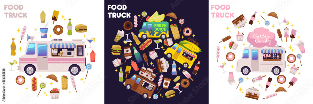 Food truck banners or posters with street food cafes, flat vector ...