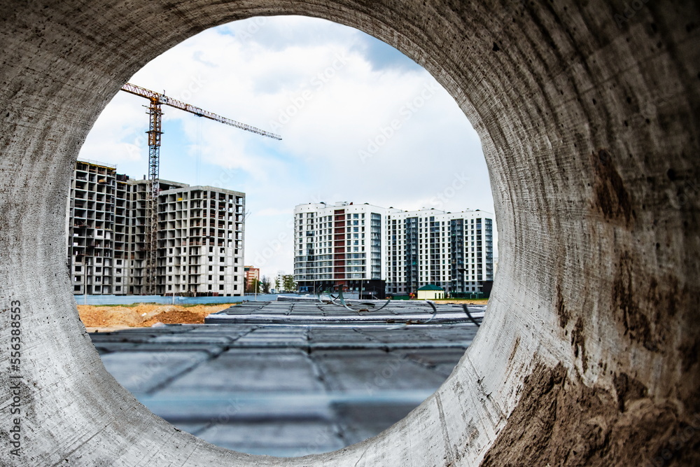 Monolithic frame construction of the building. Solid walls of concrete ...