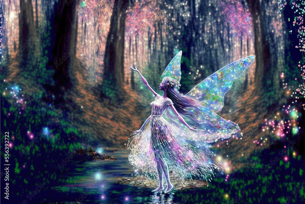 Fairy with transparent rainbow wings in an enchanted magical forest ...