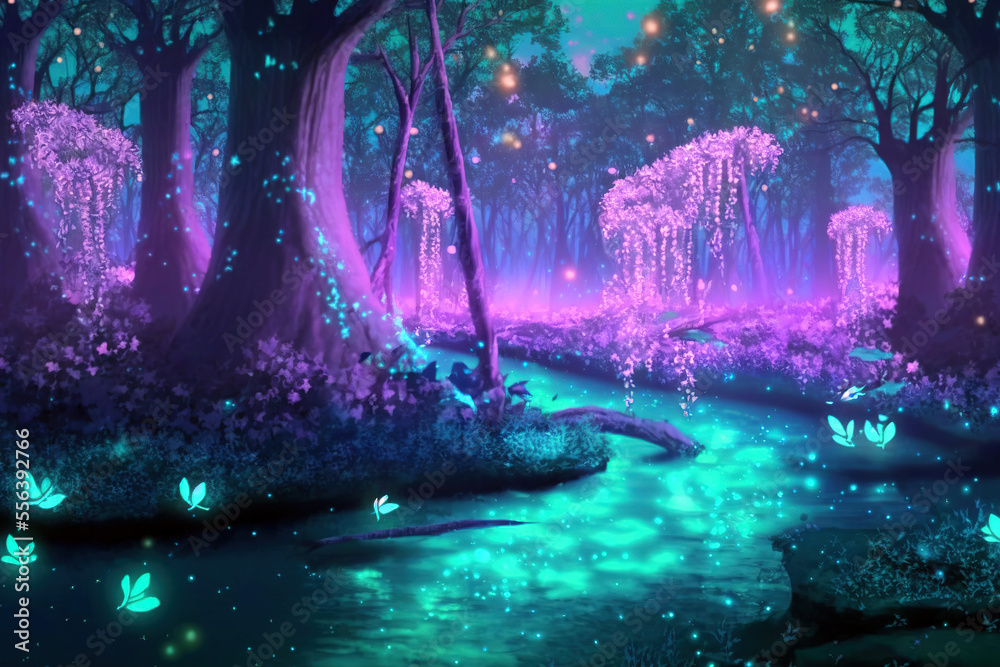 Fantasy enchanted forest with magical glowing plants, ancient mighty ...