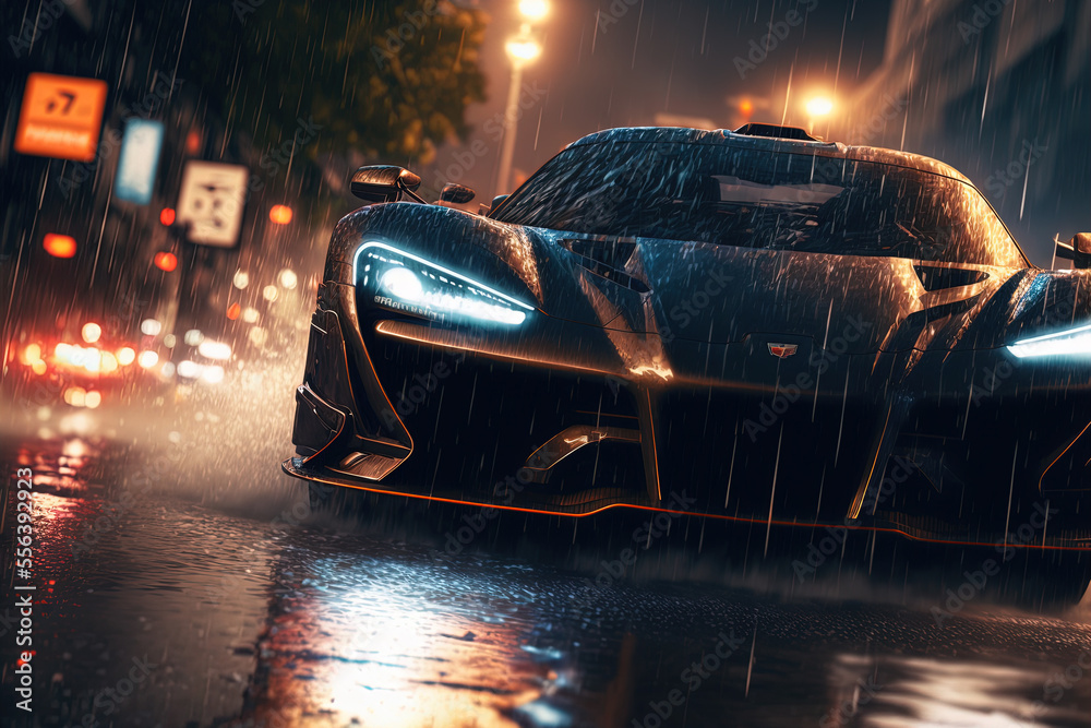 Street racing of the future. Futuristic sports car in motion. Сar ...