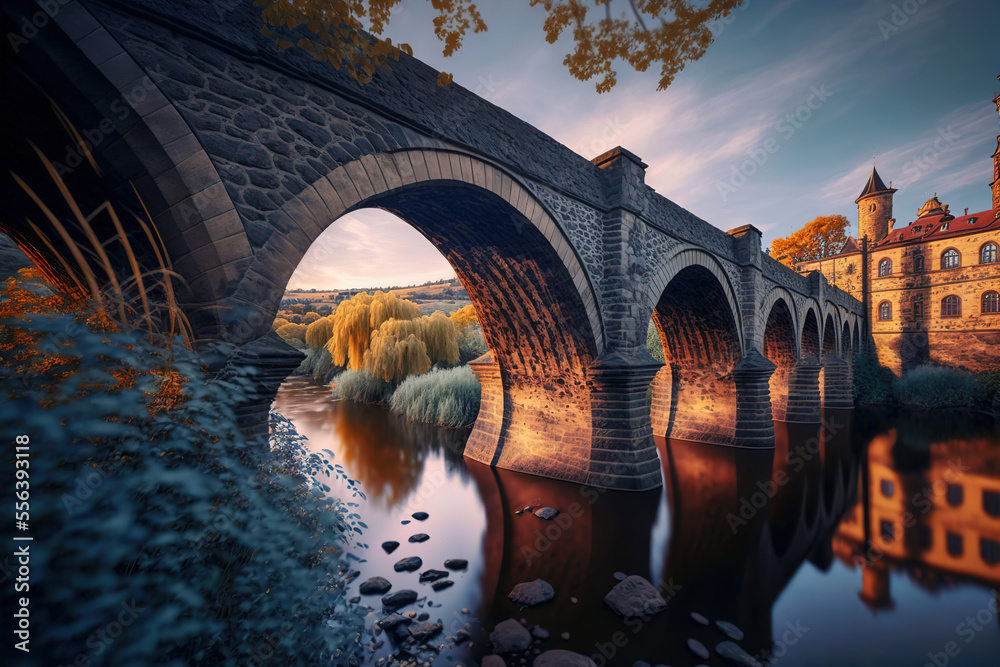 Stone bridge crosses a river in the Lake District. Digital artwork ...