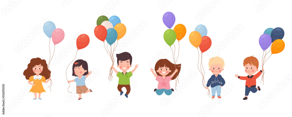 Cute kids holding colorful balloons, cartoon flat vector illustration ...