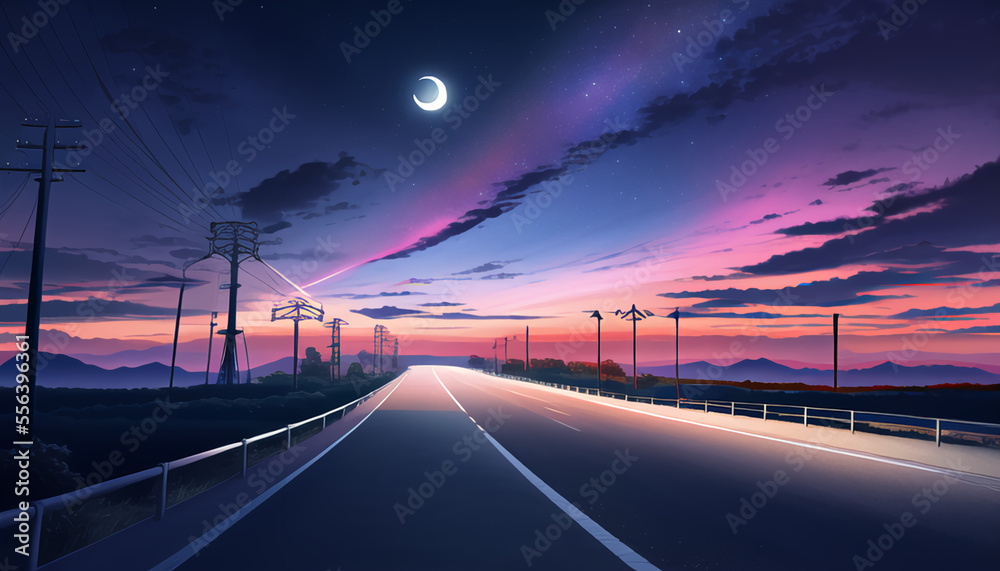 Drawing of the night road. A beautiful sky with the moon and stars ...